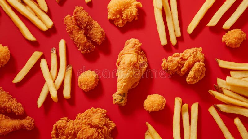 Fried Chicken and French Fries on Red Background Stock Illustration ...