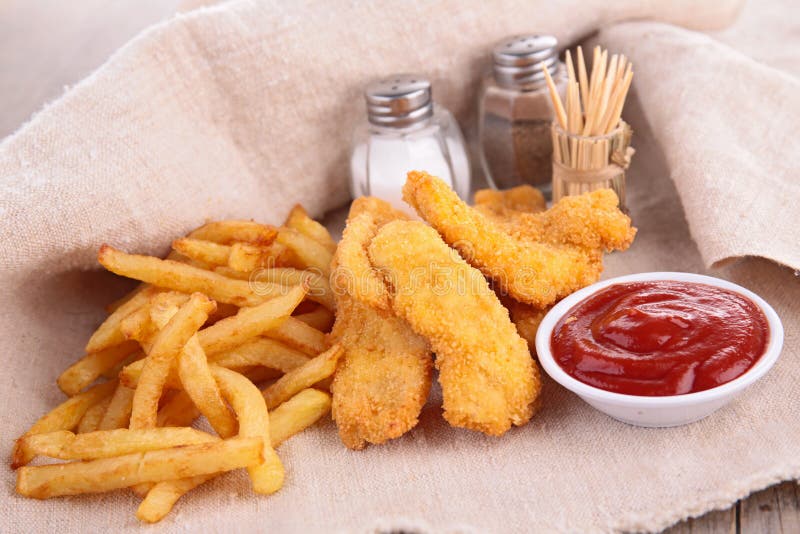 Fried chicken and fries stock image. Image of snack, breaded - 41085159