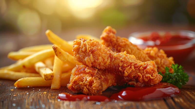 Fried Chicken With Fries And Ketchup Presented On A Rustic Wooden Table In Natural Light Stock