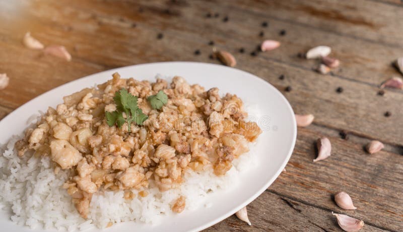 Fried Chicken with Garlic on Rice. Thai Food Concept Stock Image ...