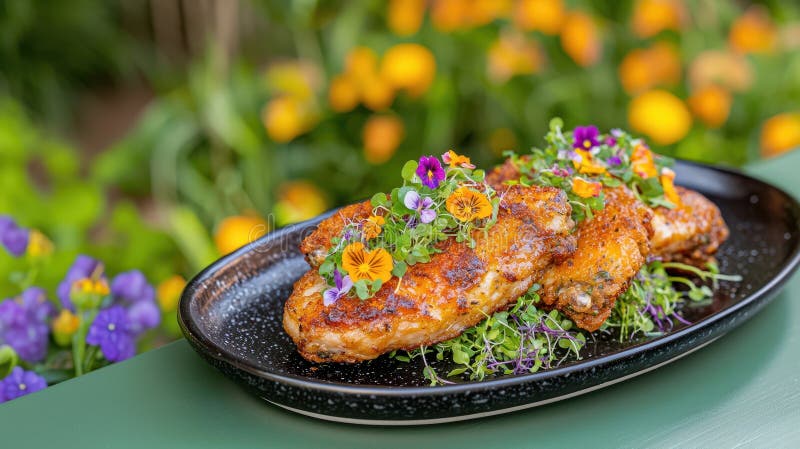 Fried Chicken Garnished with Edible Flowers and Herbs, Served on Plate ...