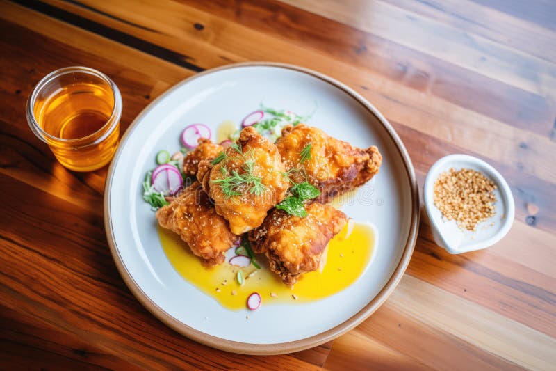 Fried Chicken with Honey Drizzle and Biscuits Stock Photo - Image of ...