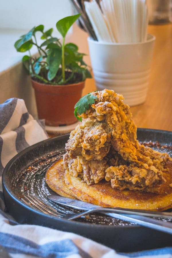 Fried Chicken on House-made Buttermilk Pancakes Served with Chilli ...