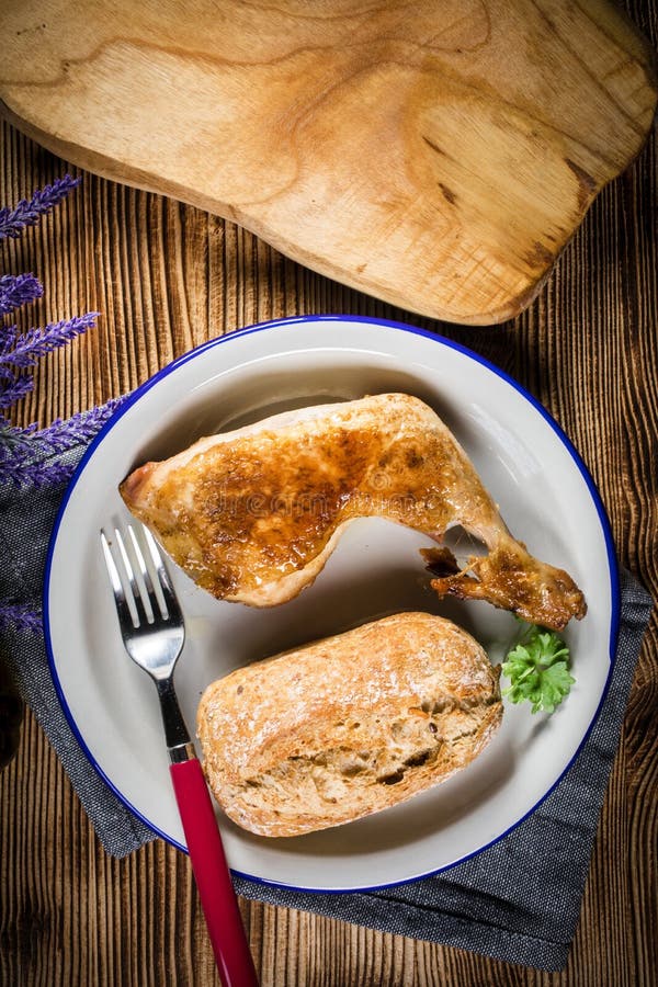 Fried Chicken Leg with Bread Roll Stock Image - Image of plate, chips ...