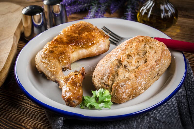 Fried Chicken Leg with Bread Roll Stock Image - Image of tasty, grilled ...
