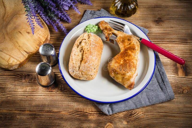 Fried Chicken Leg with Bread Roll Stock Image - Image of chicken ...