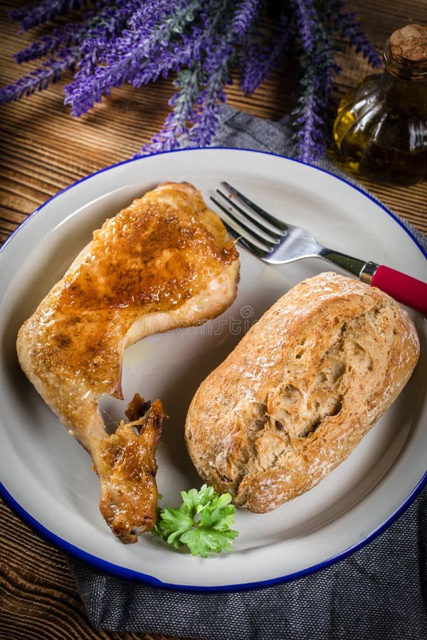 Fried Chicken Leg with Bread Roll Stock Image - Image of wooden, rustic ...
