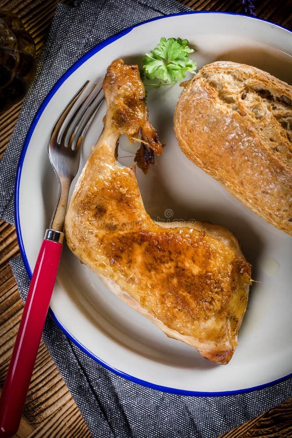 Fried Chicken Leg with Bread Roll Stock Photo - Image of fried, chicken ...