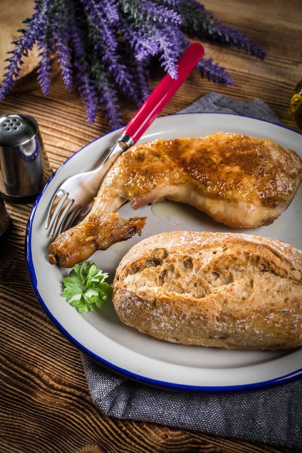 Fried Chicken Leg with Bread Roll Stock Photo - Image of wooden, food ...