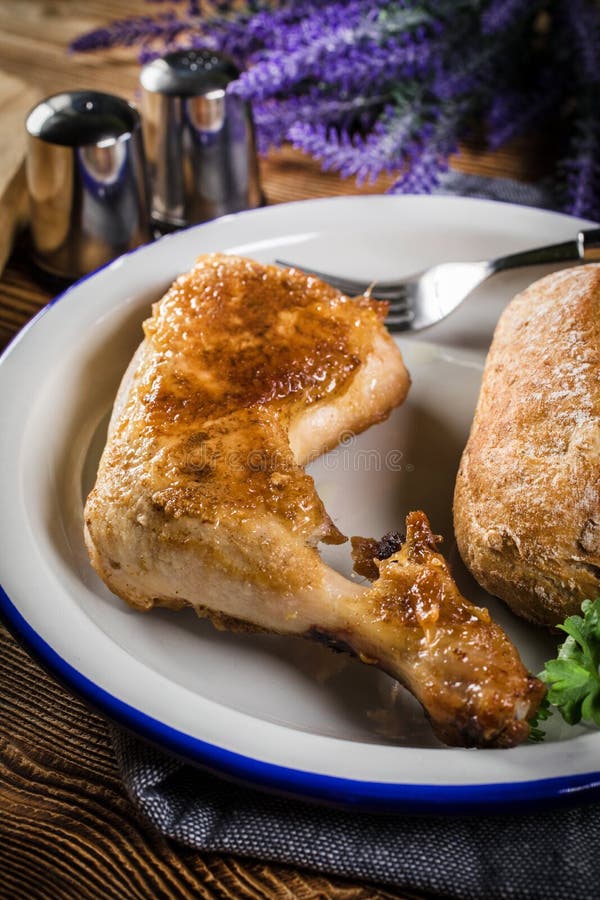 Fried Chicken Leg with Bread Roll Stock Photo - Image of tasty, food ...