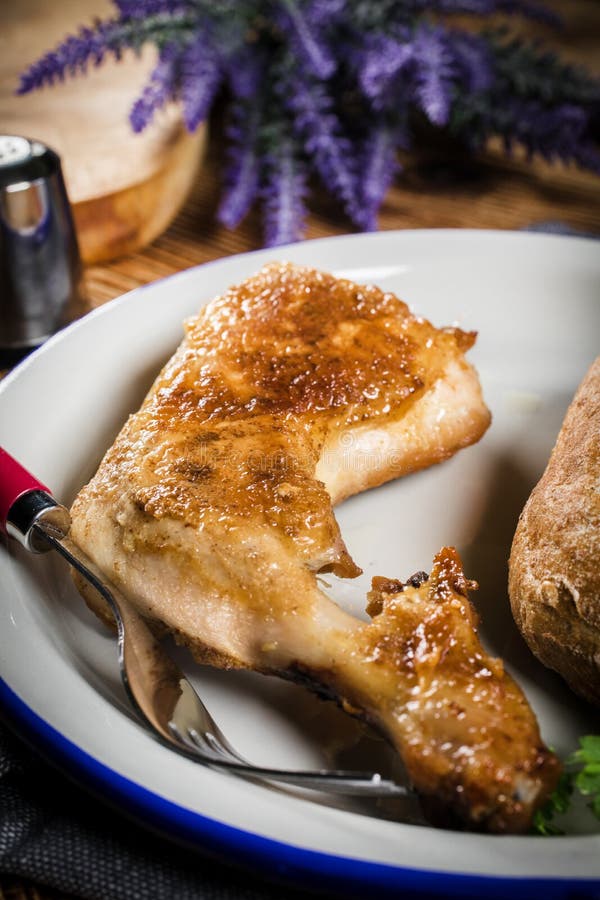 Fried Chicken Leg with Bread Roll Stock Image - Image of rustic ...