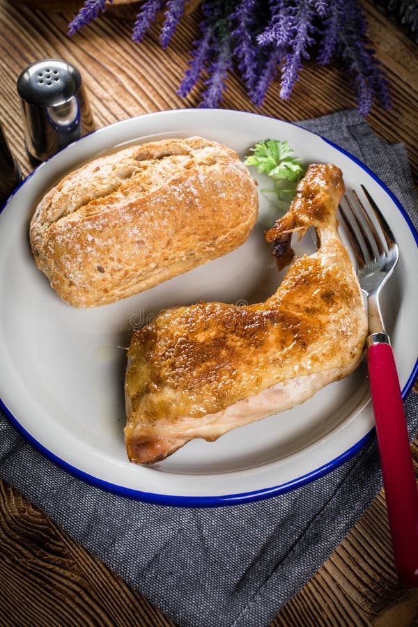 Fried Chicken Leg with Bread Roll Stock Photo - Image of table, cooked ...
