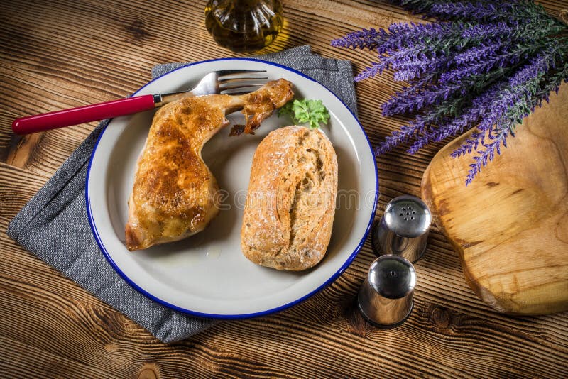 Fried Chicken Leg with Bread Roll Stock Photo - Image of chips, cooked ...