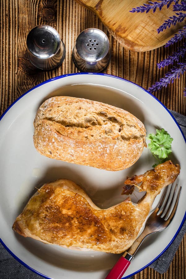 Fried Chicken Leg with Bread Roll Stock Photo - Image of table, view ...