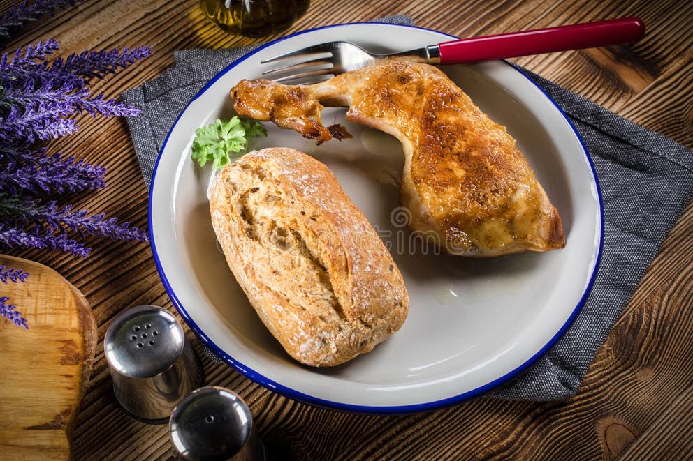 Fried Chicken Leg with Bread Roll Stock Image - Image of chicken ...