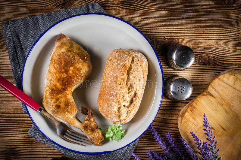 Fried Chicken Leg with Bread Roll Stock Image - Image of grilled, chips ...