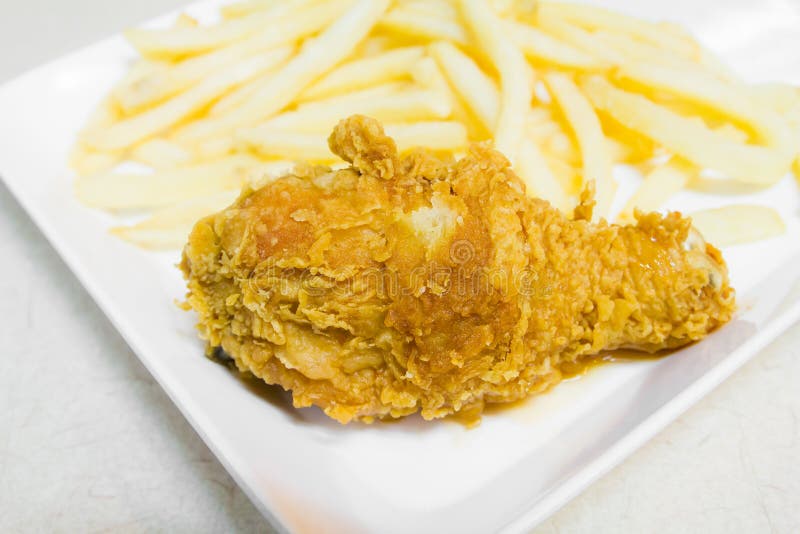 Fried Chicken Leg with Potato Chips Stock Image - Image of nutrition ...