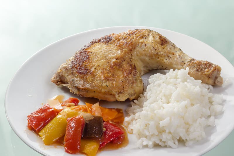 Fried Chicken Leg with Rice and Vegetables Stock Photo - Image of ...