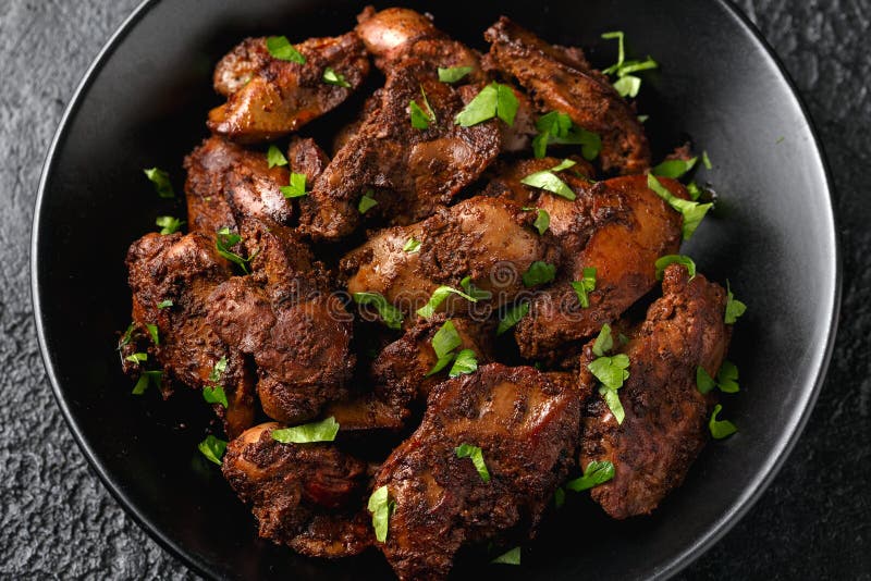Fried Chicken Liver, Poultry Meat Food with Herbs Stock Photo - Image ...