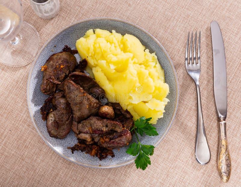 Chicken Liver Served with Puree on Plate Stock Image - Image of edible ...
