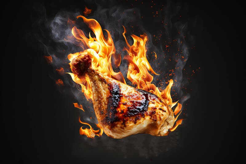Fried Chicken Meat in Fire. Spicy Chicken. Hot Roasted Chicken Stock ...