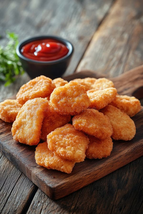 Fried Chicken Nuggies on Wooden Cutting Board Stock Photo - Image of ...