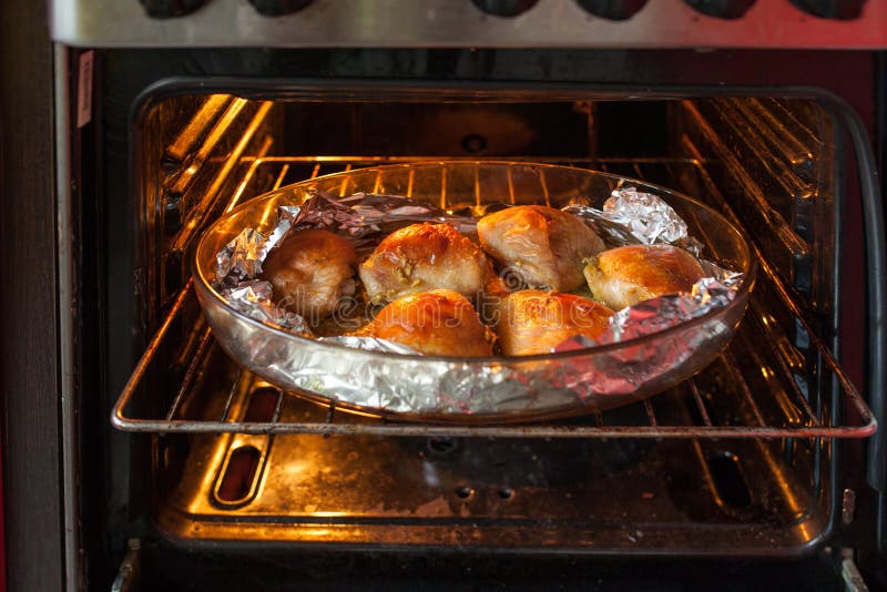 Fried chicken at open oven stock image. Image of rustic - 177818851