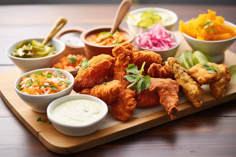 Fried Chicken Party Platter with Various Dips Stock Image - Image of ...