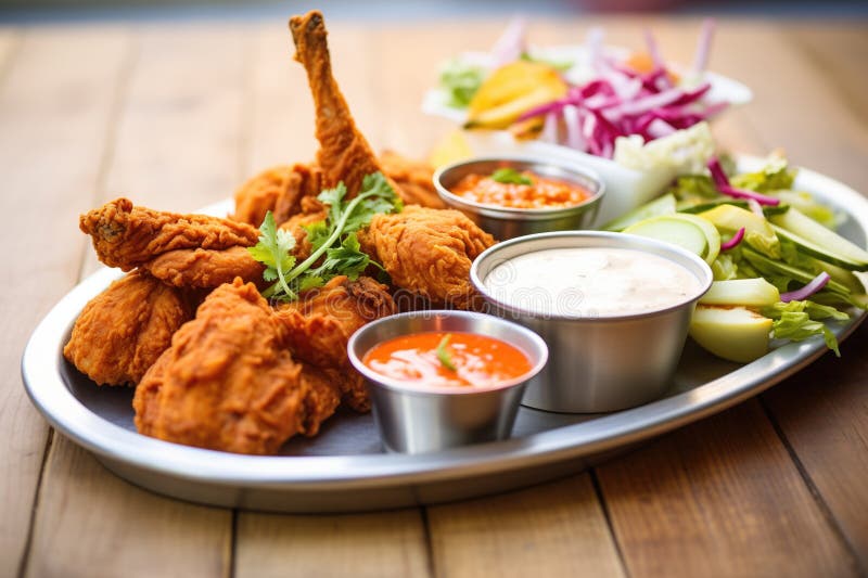 Fried Chicken Party Platter with Various Dips Stock Image - Image of ...