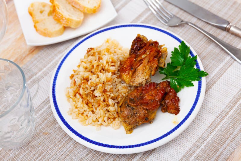 Fried Chicken Pieces Served with Rice Stock Photo - Image of served ...