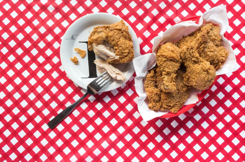 Fried Chicken on Plate with Fork on Red Checkerboard Tablecloth ...
