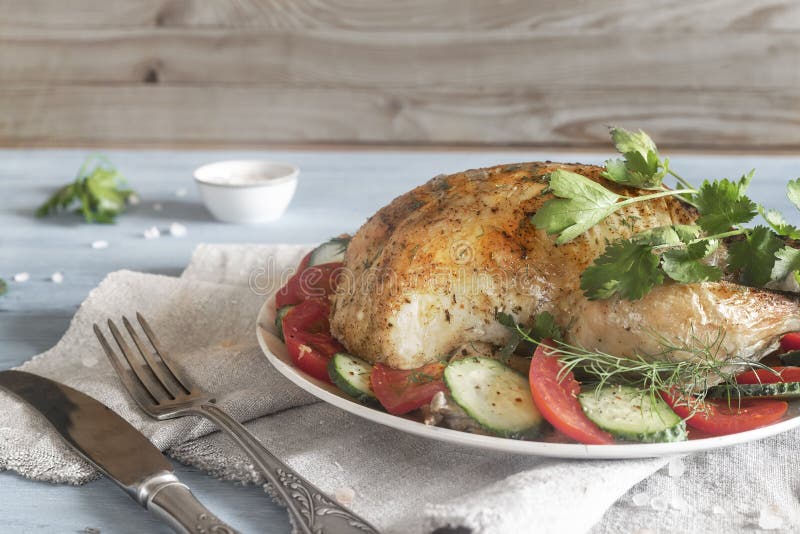 Fried Chicken on a Plate with Vegetables Stock Photo - Image of ...