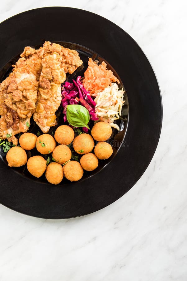 Fried Chicken with Potato Balls and Salad, Restaurant Serving Portion ...