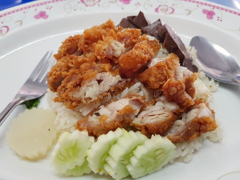 Fried Chicken with Rice and Cucumber Stock Photo - Image of singapore ...