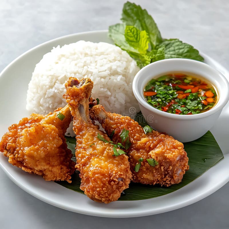 Fried Chicken with Rice and Dipping Sauce on a Plate Stock Illustration ...