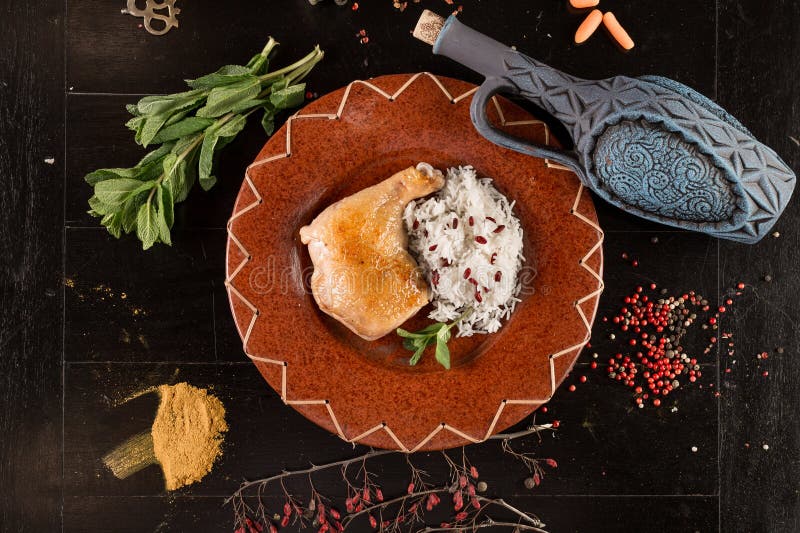 Fried Chicken and Rice in a Plate Top View Stock Photo - Image of grill ...