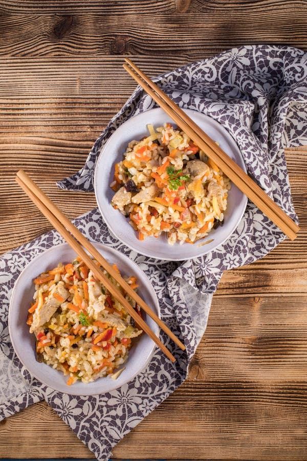 Fried Chicken with Rice and Vegetables Stock Image - Image of cooking ...