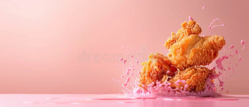 Fried Chicken, Rising, Bullet Shot, Solid Pastel Background Stock Photo ...