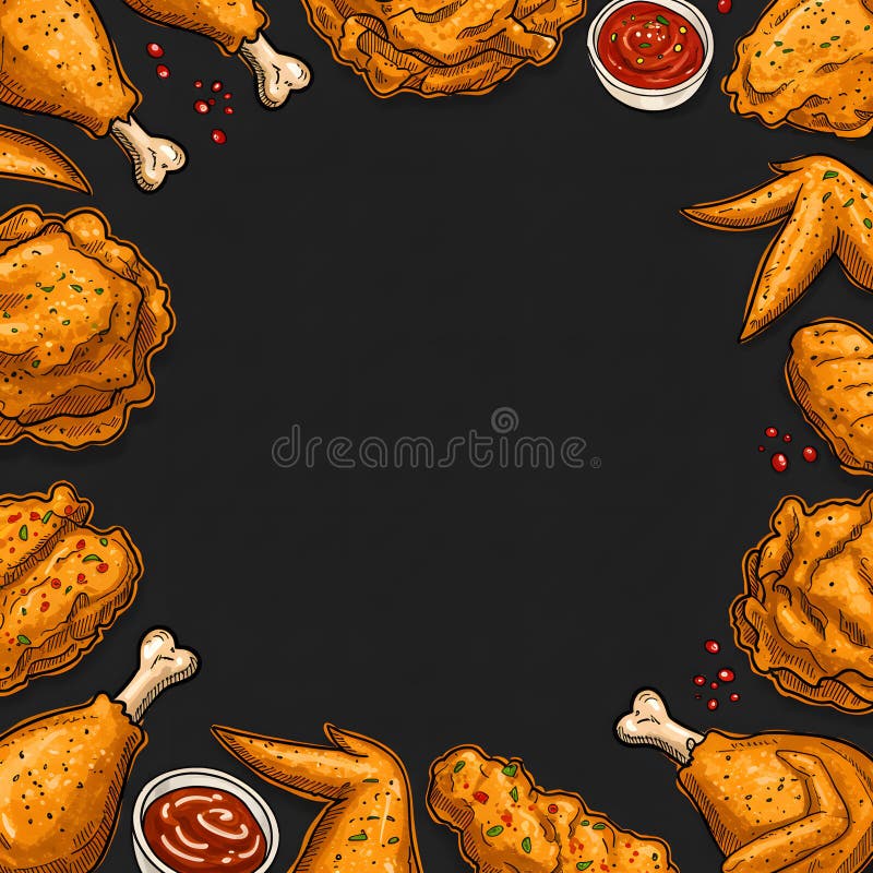 Fried Chicken Seamless Design. Crispy Fried Chicken Frame on Dark ...