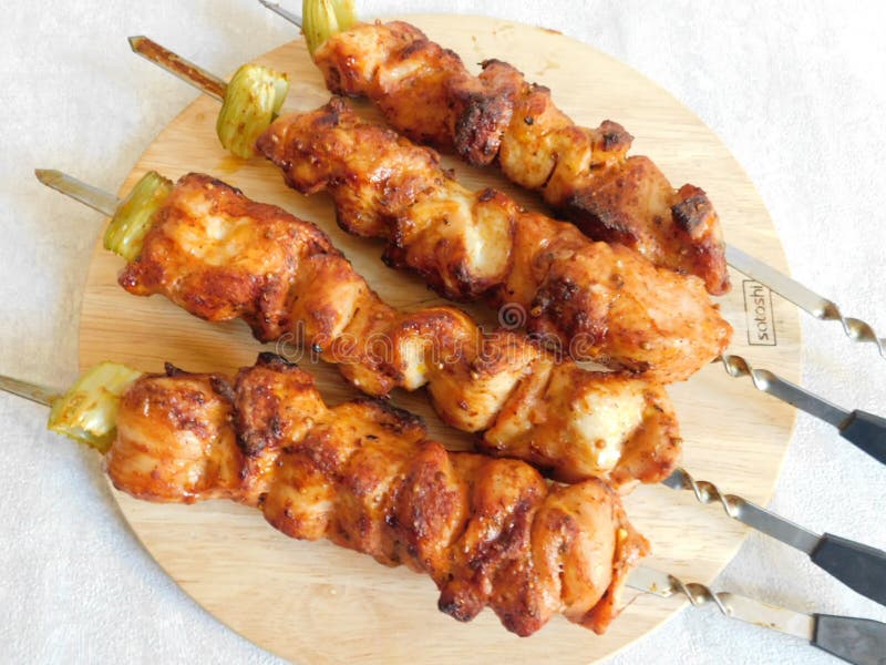 Fried Chicken Skewer on Skewers on a Wooden Table Stock Image - Image ...