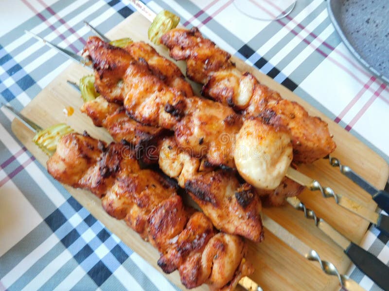 Fried Chicken Skewer on Skewers on a Wooden Table Stock Photo - Image ...