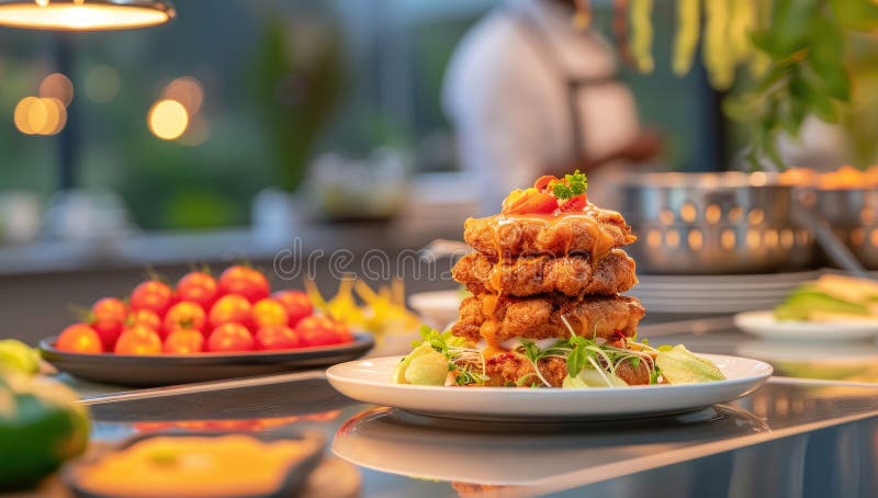 Fried Chicken Stack on Fresh Salad in a Busy Kitchen Stock Illustration ...