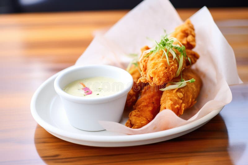 Fried Chicken Tenders in a Paper Cone, Dipping Sauce on Side Stock ...
