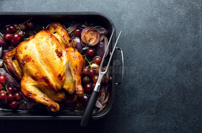 Fried Chicken or Turkey in a Dark Baking Tray, Top-down View Stock ...