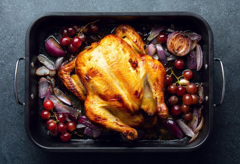 Fried Chicken or Turkey in a Dark Baking Tray, Top-down View Stock ...