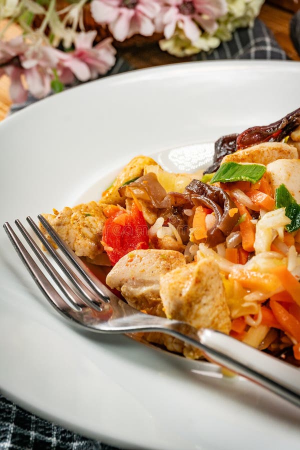 Fried Chicken and Vegetables Stock Image - Image of focus, cooking ...