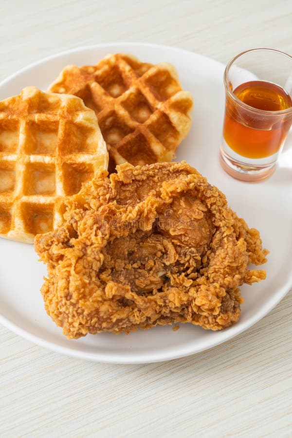 Fried Chicken Waffle with Honey or Maple Syrup Stock Photo - Image of ...