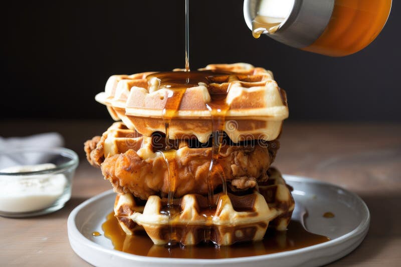 Fried Chicken and Waffle Stack, with Syrup Drizzled Over the Top Stock ...