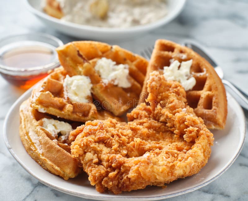 Fried Chicken and Waffles Breakfast with Syrup Stock Image - Image of ...