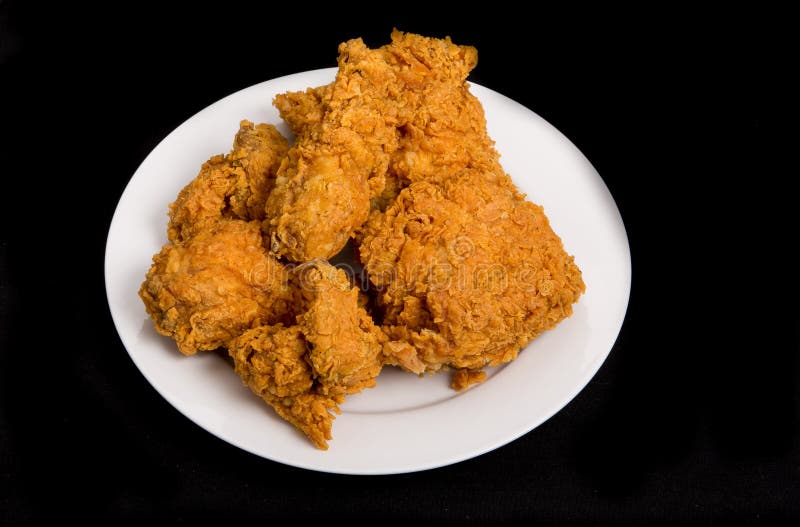 Fried Chicken on White Plate and Black Background Stock Image - Image ...
